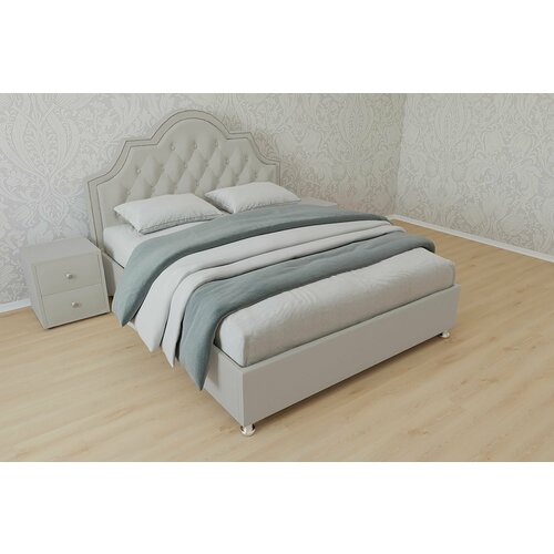 Двуспальная кровать Мирабель 140x200 основание металлическое с ламелями велюр бежевый ножки 13 см хром