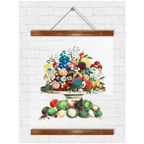 Постер / Плакат / Картина Прозрачный постер - Большая ваза с цветами, фруктами, овощами 50x70