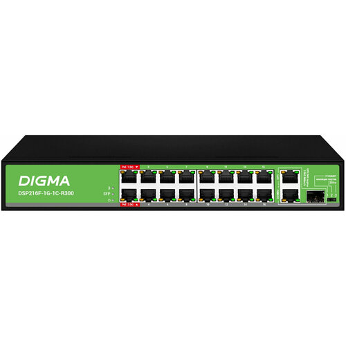Коммутатор Digma DSP216F-1G-1C-R300 (L2) 16x100Мбит/с 1x1Гбит/с 1xКомбо(1000BASE-T/SFP) 16PoE 16PoE+ 2PoE++ 300W неуправляемый