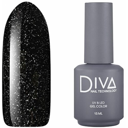 Гель лак для ногтей с блестками Diva Nail Technology плотный, темный, черный, 15 мл