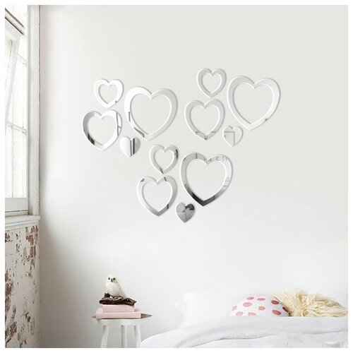 Декор настенный "Сердца", из акрила, зеркальный, 12 элементов от 5.5 см до 14.6 см