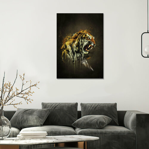 Интерьерная картина на холсте - Тигр рычит акварель краски арт 60х80