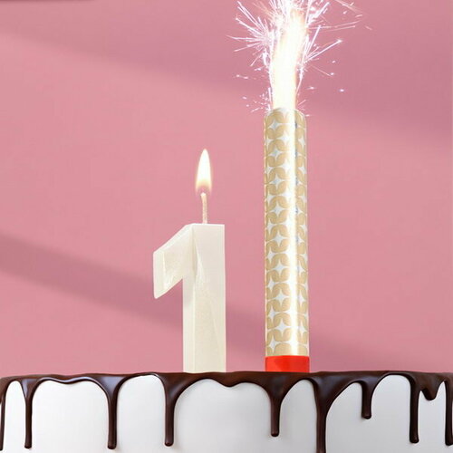 Свеча в торт "Грань + фонтан", цифра "1", жемчужный, 6.5 см