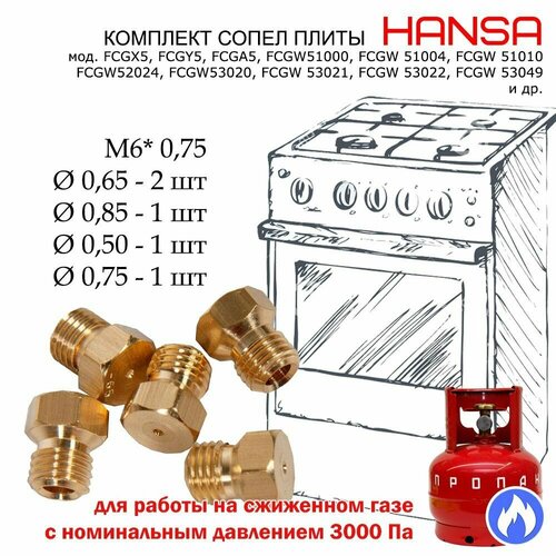 Комплект жиклеров, форсунок газовой плиты "Hansa" под балонный, сжиженный газ