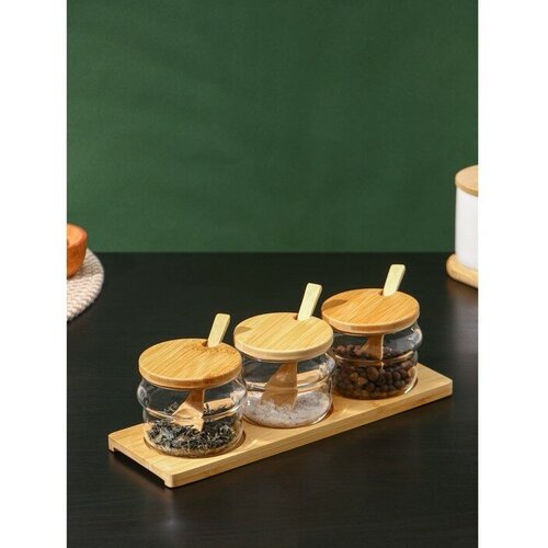 BellaTenero Набор банок стеклянных для сыпучих продуктов с ложками на бамбуковой подставке BellaTenero «Эко. Грани», 3 предмета: 295 мл, 30×10×13 см