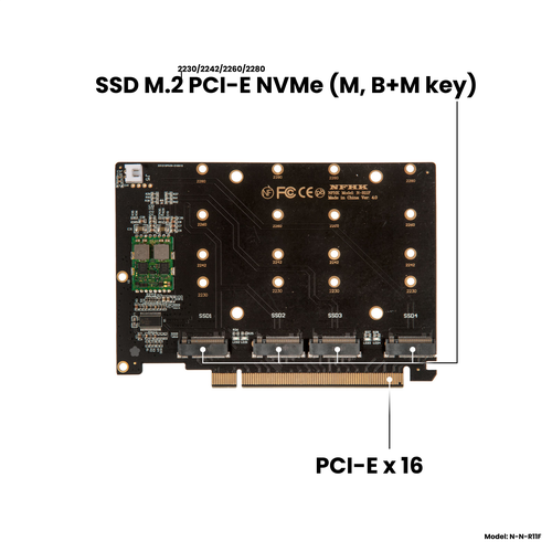 Адаптер-переходник (плата расширения) с активным охлаждением для установки 4 накопителей SSD M.2 2230-2280 PCI-E NVMe (M, B+M key) в слот PCI-E x16