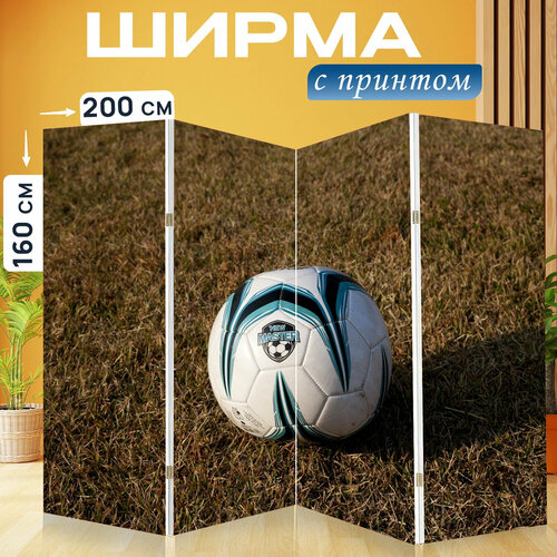 Ширма перегородка с принтом "Футбол, футбольный мяч, трава" на холсте - 200x160 см. для зонирования, раскладная