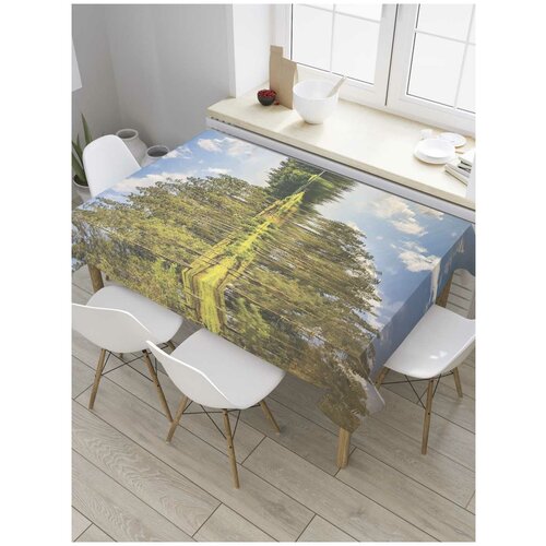 Скатерть прямоугольная JoyArty на кухонный стол "Густой лес у реки" из оксфорда, 180x145 см