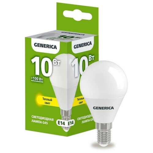 Лампа светодиодная G45 10Вт шар 3000К E14 230В | код. LL-G45-10-230-30-E14-G | GENERICA (7шт. в упак.)