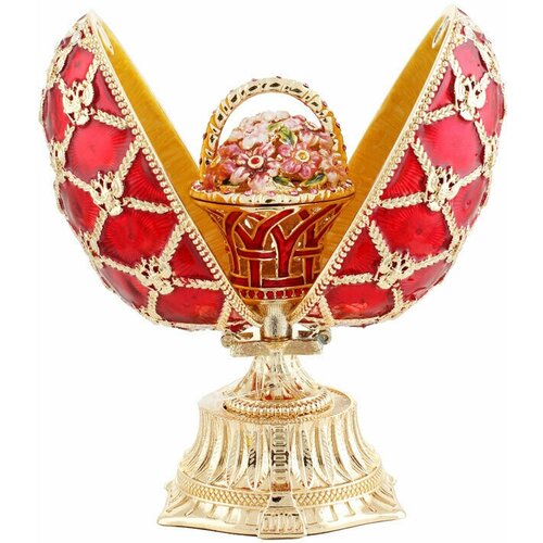 Яйцо-шкатулка в стиле Фаберже С корзинкой цветов, красное, 12см