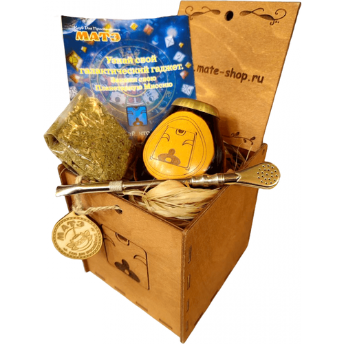 Подарочный набор для чая мате по Гороскопу Майя "Синяя Обезьяна"(калабас, бомбилья, мате, коробка, инструкция)