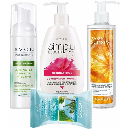 AVON Набор 4: Интим-мыло Деликатное + Пенка для умывания Очищение+ Жидкое мыло для рук Апельсиновый твист + мыло Морская лагуна