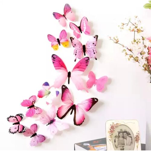 12 шт. бабочки наклейки на стену/ Украшения дома/ 3D бабочка самоклеящиеся наклейки/Цвет розовый