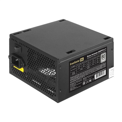 Блок питания 500W ExeGate 80 PLUS® 500PPH-LT-S-OEM (ATX, APFC, КПД 82% (80 PLUS)SC, 12cm fan, 24pin, 2x(4+4)pin, 2xPCI-E, 6xSATA, 3xIDE, кабель 220V с защитой от выдергивания, black, RTL) EX282040RUS-OEM-S