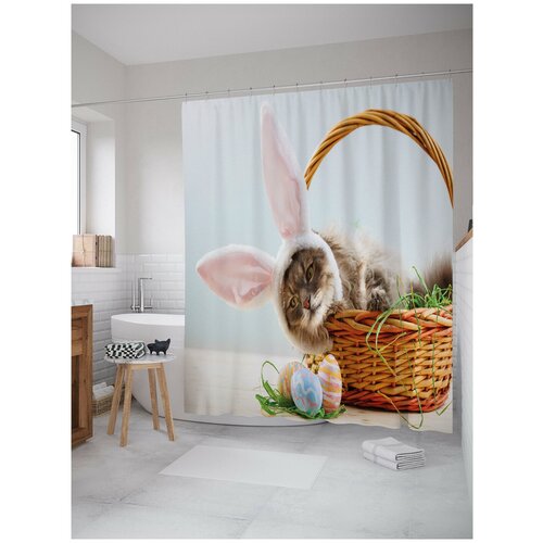 Штора водоотталкивающая для ванной, занавеска в ванную комнату тканевая JoyArty "Кошка, как пасхальный кролик", 180х200 см
