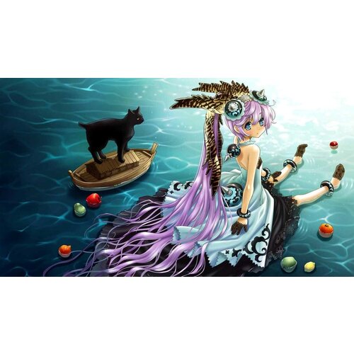 Картина на холсте 60x110 LinxOne "Девочка, кот, яблоки, аниме" интерьерная для дома / на стену / на кухню / с подрамником