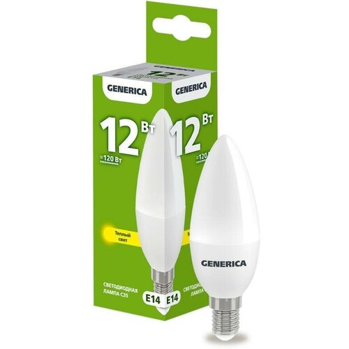 Лампа светодиодная C35 12Вт свеча 3000К E14 230В | код. LL-C35-12-230-30-E14-G | GENERICA (9шт. в упак.)