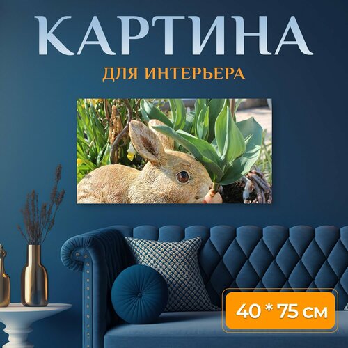 Картина на холсте "Кролик, цветок, весна" на подрамнике 75х40 см. для интерьера