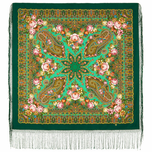Платок Павловопосадская платочная мануфактура,148х148 см, горчичный, розовый