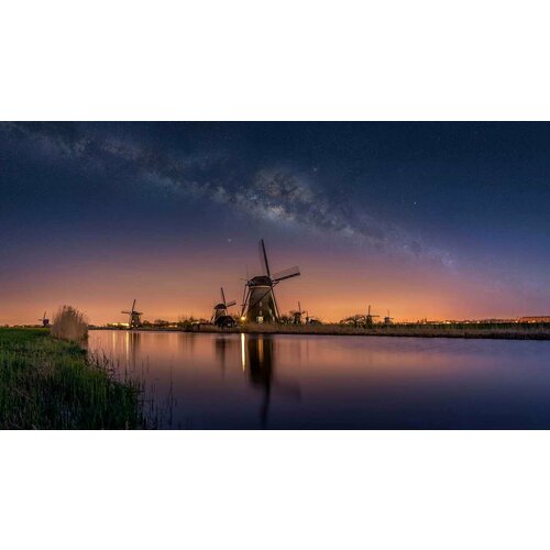 Картина на холсте 60x110 LinxOne "Река Нидерланды ветряные" интерьерная для дома / на стену / на кухню / с подрамником