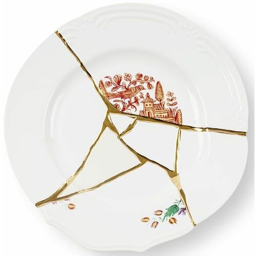 Seletti Kintsugi Фарфоровая обеденная тарелка, размер: диаметр - 27.5 см, высота - 3 см, цвет - белый/красный/золотой.