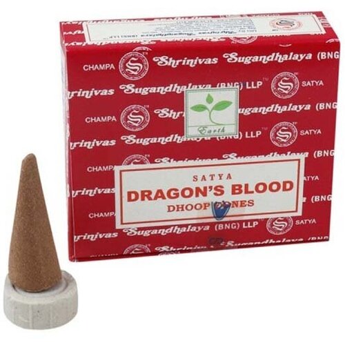 DRAGON'S BLOOD DHOOP CONES, Satya (кровь дракона конусные благовония, Сатья), уп. 12 конусов + подставка.