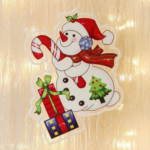 Наклейка на стекло "Снеговик с леденцом и подарками" 9х14 см .4 шт.