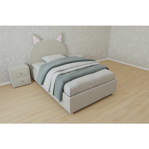 Односпальная кровать Китти 80x200 с подъемным механизмом и с коробом для белья велюр бежевый без ножек