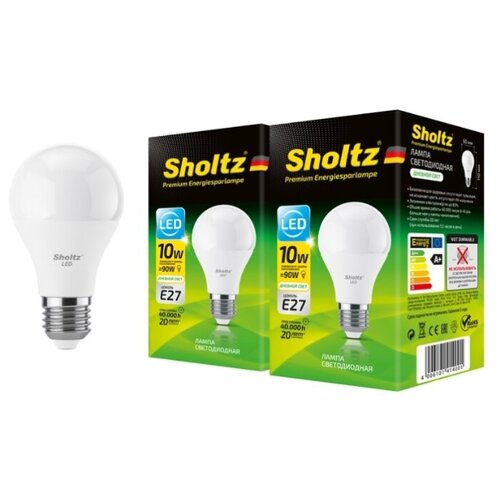 Комплект из 2 светодиодных энергосберегающих ламп Sholtz груша A60 10Вт E27 4200К 220В пластик (Шольц) LOB4140D