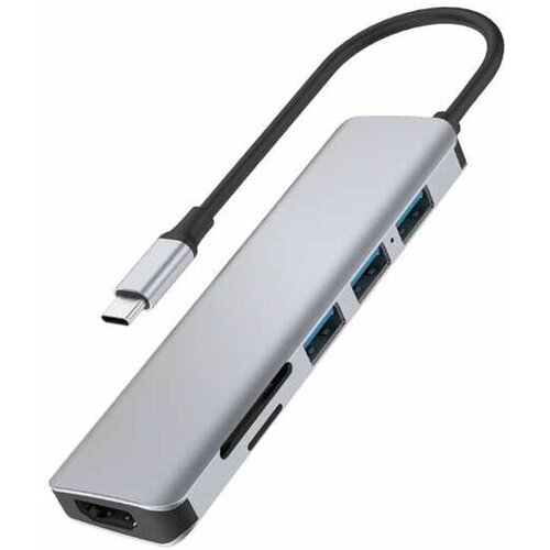 USB Хаб WiWU Alpha 731 HC 7 в 1 Type C to 3 x USB 3.0 + HDMI 4K + Type C PD 100 Вт + SD/TF, серый