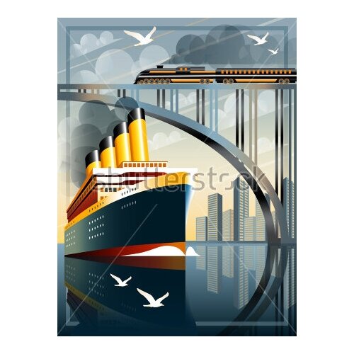 Постер на холсте Иллюстрация на тему отпуска и путешествий с лайнером, железной дорогой, небоскрёбами и чайками 30см. x 40см.