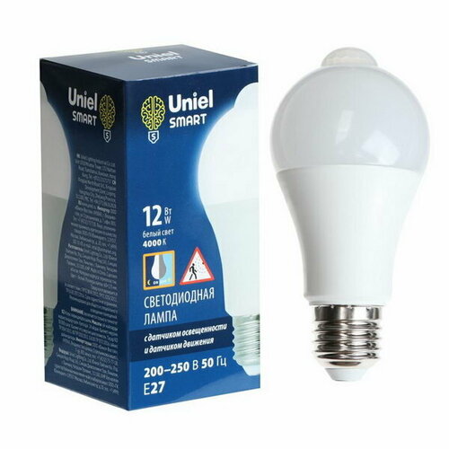 Светодиодная лампа LED-A60-12W, 12 Вт, 4000 K, E27, PLS10WH, датчик освещенности, движ