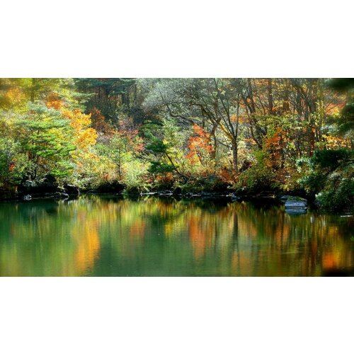 Картина на холсте 60x110 Альянс Лес "Осень озеро отражение лес" на подрамнике / интерьер/ декор