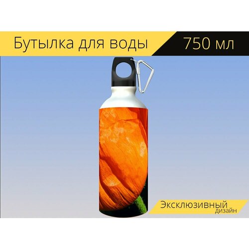 Бутылка фляга для воды "Мак, цветок, красный" 750 мл. с карабином и принтом