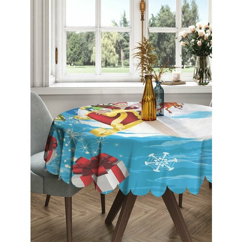 Скатерть круглая тканевая на стол JoyArty с рисунком "Санта спешит" 150 на 150 см