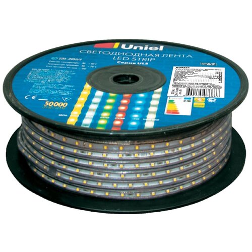Светодиодная лента Uniel ULS-2835-60LED/m-10mm-IP67-220V-8W/m-50M-BLUE, 50 м, светодиодов: 3000 шт., 400 Вт, синий, 6500 К