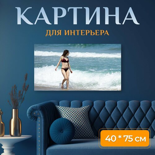 Картина на холсте "Пляж, модель, бикини" на подрамнике 75х40 см. для интерьера