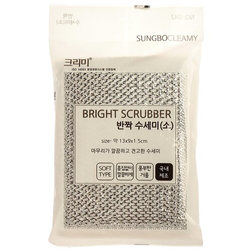 Корейская губка Sung Bo Cleamy Bright Scrubber для мытья посуды и кухонных поверхностей в серебристой плотной сетке средней жёсткости , 1 шт