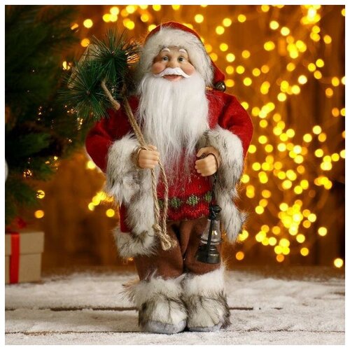 Фигурка новогодняя Дед Мороз в красной шубке, с фонариком и мешочком 30 см, 1 шт.