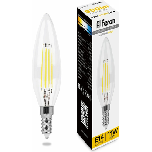 Лампа светодиодная LED 11вт Е14 теплый свеча FILAMENT | код 38006 | FERON (5шт. в упак.)