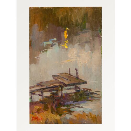 Картина сельский пейзаж “Вечереет” размер холста на подрамнике 24*15 см, масло, 2020 г | Современный художник Д. Молостнова