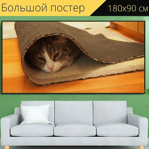 Большой постер "Молодой кот, ковровая дорожка, играть" 180 x 90 см. для интерьера