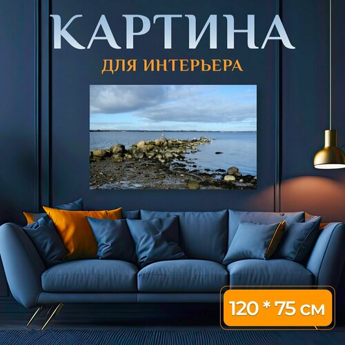 Картина на холсте "Морской берег, горные породы, море" на подрамнике 120х75 см. для интерьера