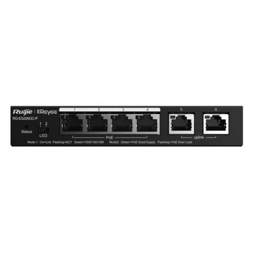 Коммутатор Reyee 6-Port Gigabit Smart POE Switch, 4 PoE/POE+ Ports with 2 Gigabit RJ45 uplink ports, 54W PoE power budget, Desktop Steel Case (RG-ES206GC-P)