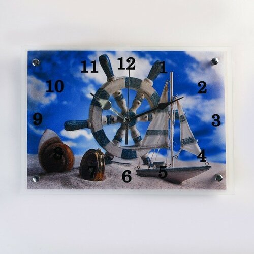 Сюжет Часы настенные, серия: Море, "Штурвал и яхта на песке", 25х35 см