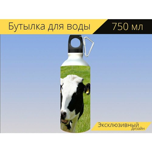 Бутылка фляга для воды "Корова, коровье молоко, голштинская говядина" 750 мл. с карабином и принтом