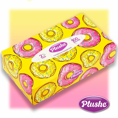 Бумажные салфетки в коробке Plushe 100 салфеток, 2 слоя "Пончики"