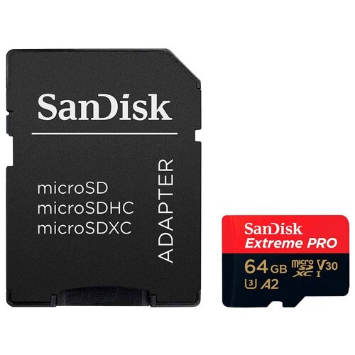 Карта памяти SanDisk Extreme PRO QuickFlow 200 Мб/с - 64Гб - microSDXC UHS-I U3 A2 V30 4KUHD + Адаптер