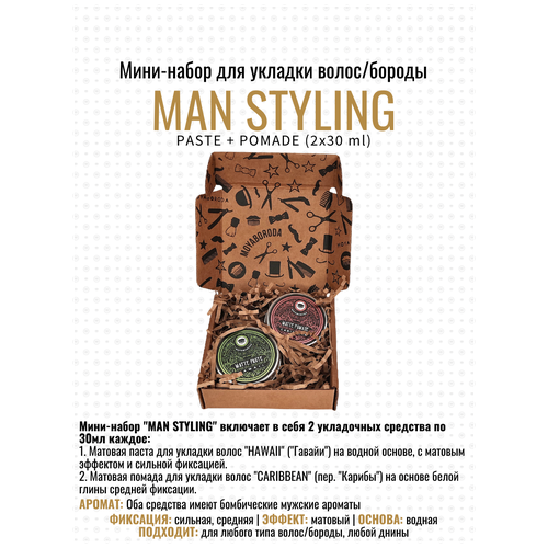 Мини набор для укладки волос/бороды MOYABORODA "MAN STYLING" (PASTE+POMADE, матовый эффект), 2x30мл