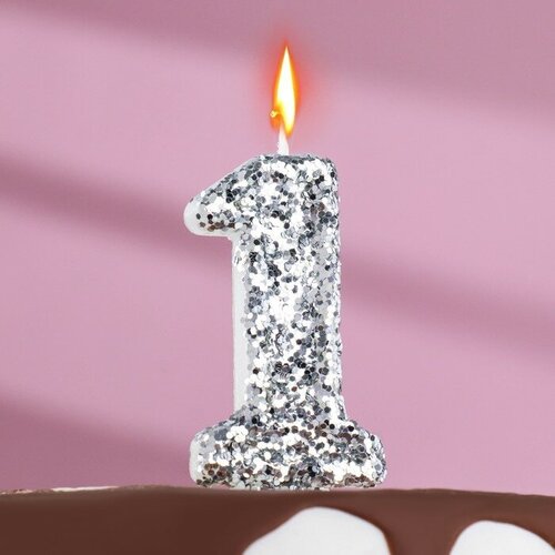Свеча в торт «Блестки», цифра "1", серебро, 5,5 см